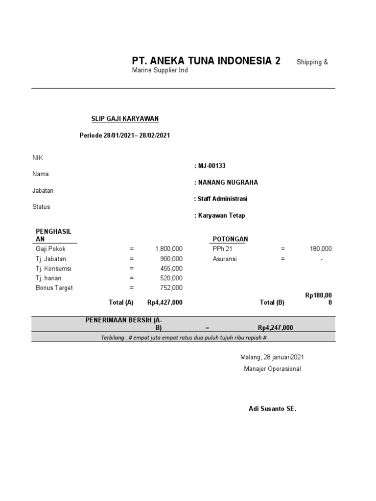 Gaji Karyawan PT. Aneka Tuna Indonesia 2 Periode Januari-Februari 2021 | PDF