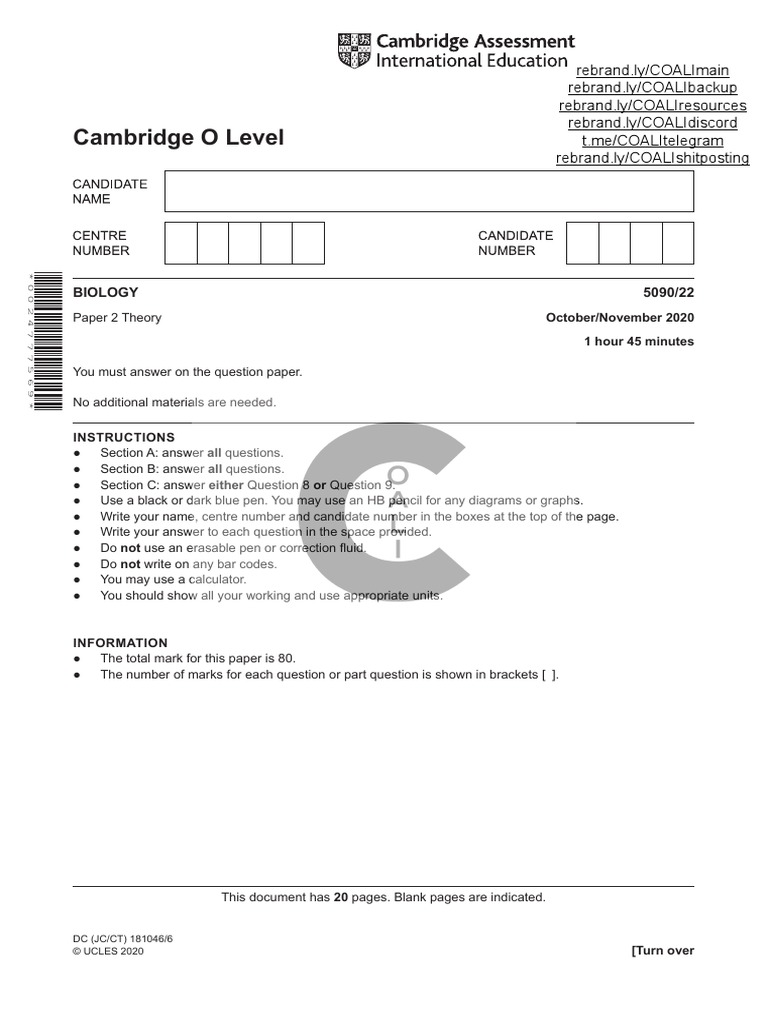 O LEVEL BIOLOGY O/N 2020 PAPER 22 (5090 - w20 - QP - 22) | PDF ...