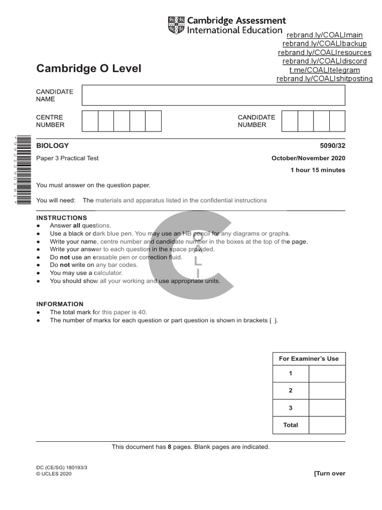 O LEVEL BIOLOGY OCT/NOV 2020 PAPER 32 (5090 - w20 - QP - 32) | PDF ...
