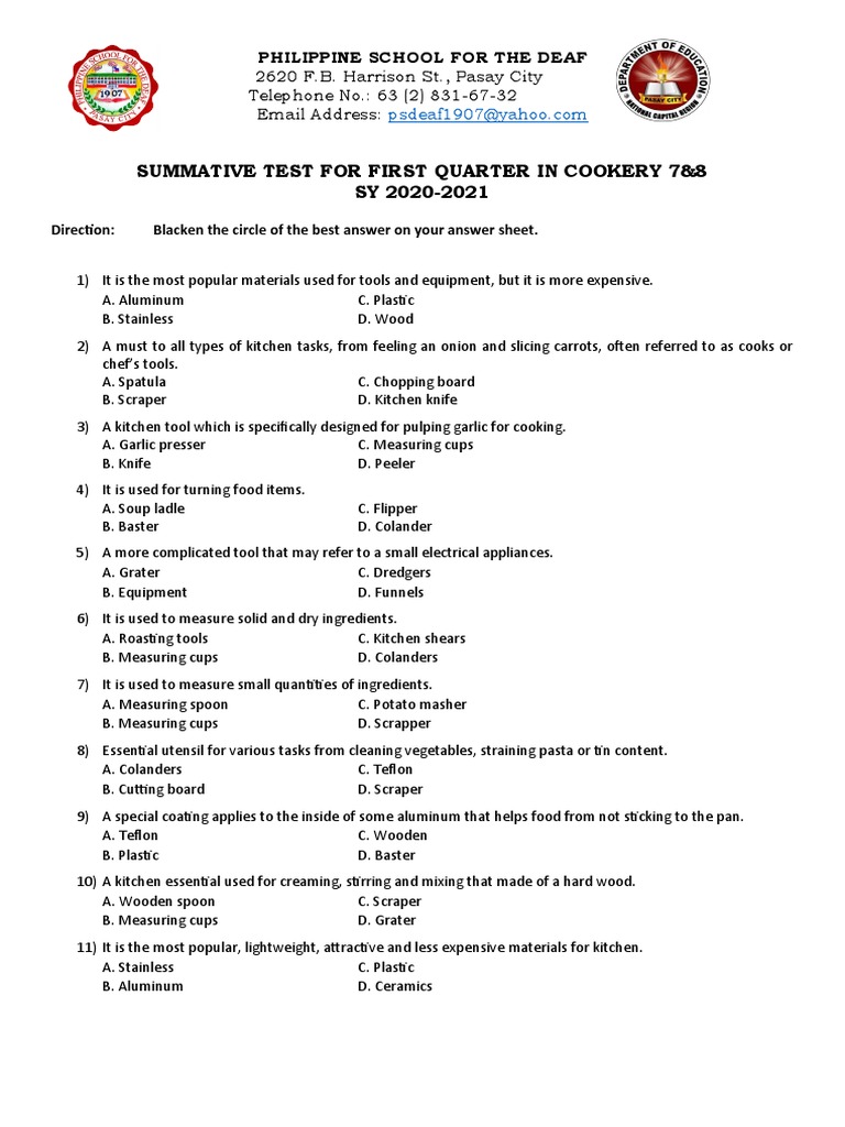 Grade 7 Cookery 1st Quarter Exam | PDF | Kitchen Utensil | Cooking