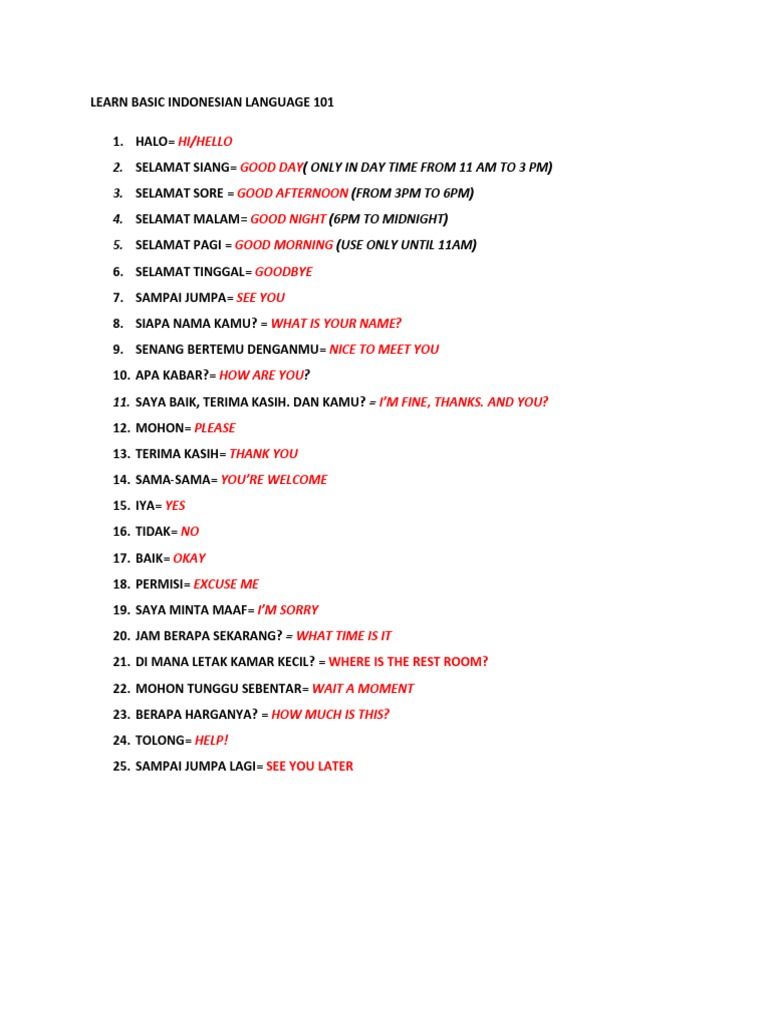 Learn Basic Indonesian Language 101 | PDF
