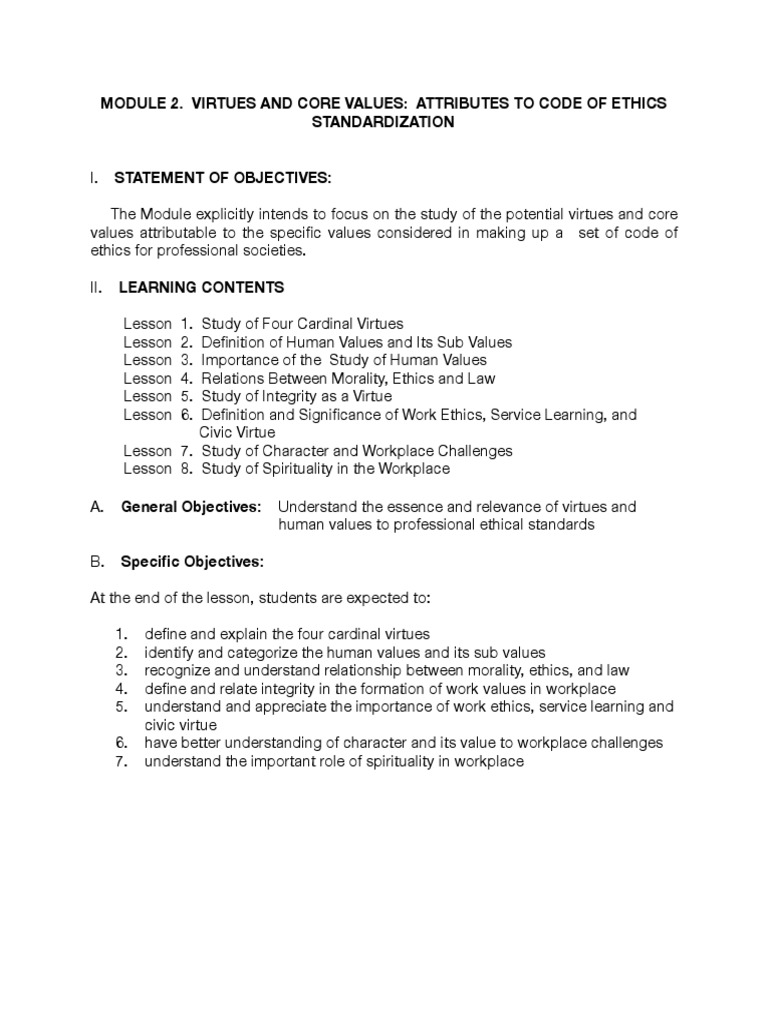 Module 2rev3 Virtues and Core Values Copy 2 | PDF | Virtue | Morality