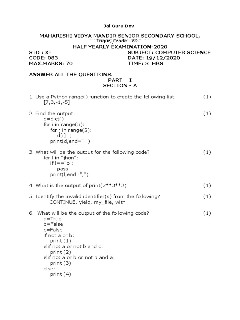 GR - Xi - CS - QP - Half Yearly | PDF | Computer Engineering | Software ...