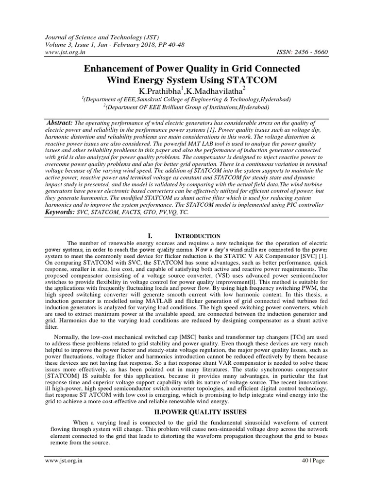 Enhancement of Power Quality in Grid Connected Wind Energy System Using STATCOM | PDF | Power ...