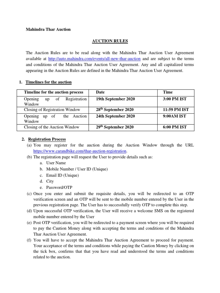 Mahindra Thar Auction Rules | PDF | Auction | Charitable Organization