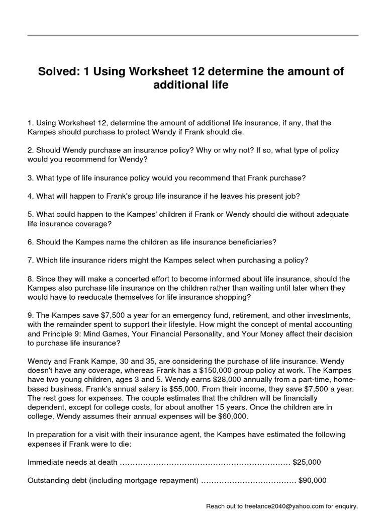 1 Using Worksheet 12 Determine The Amount of Additional Life | Download ...