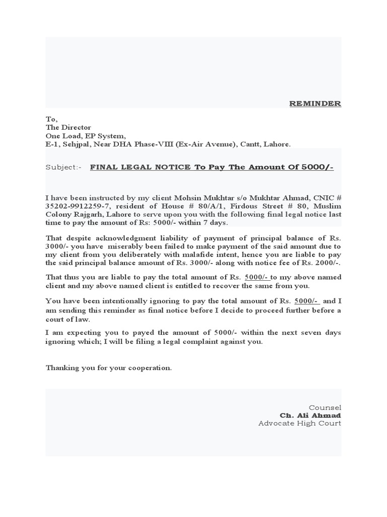 Reminder of Legal Notice To One Load | PDF