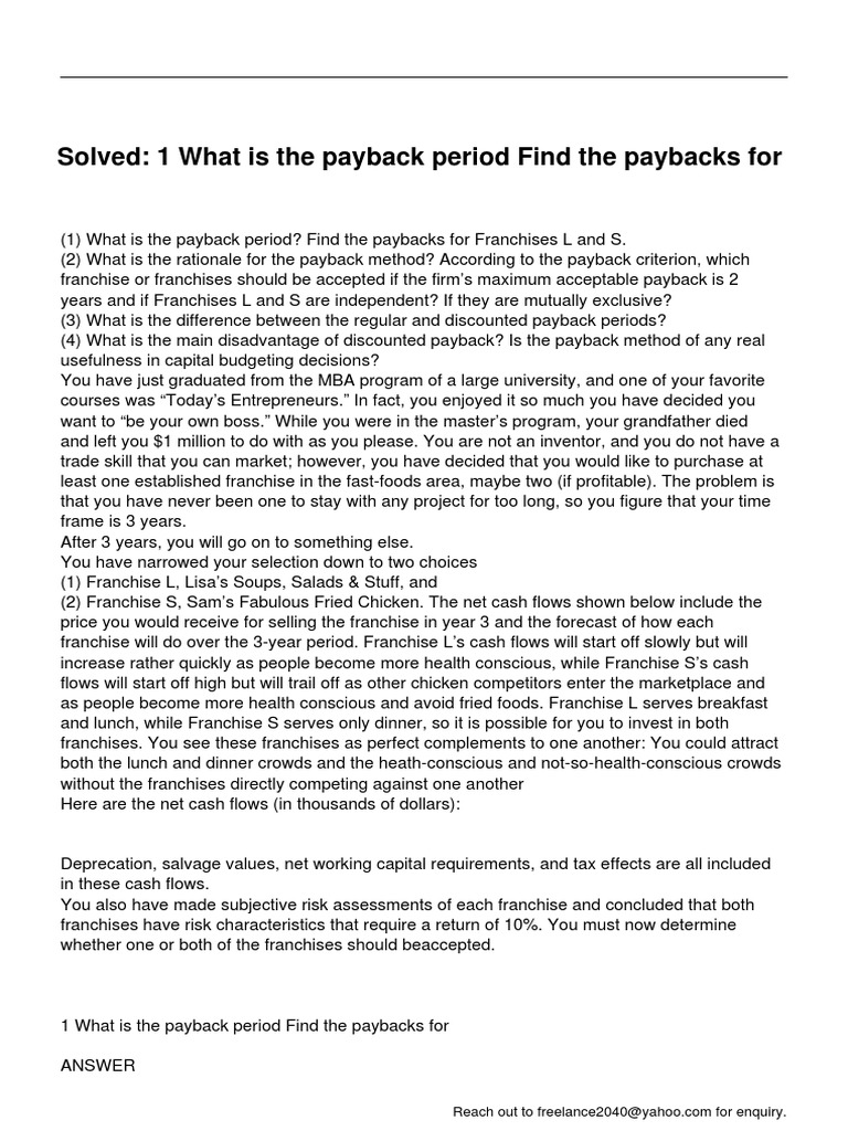 Payback Period Analysis for Franchises L & S | PDF | Capital Budgeting ...