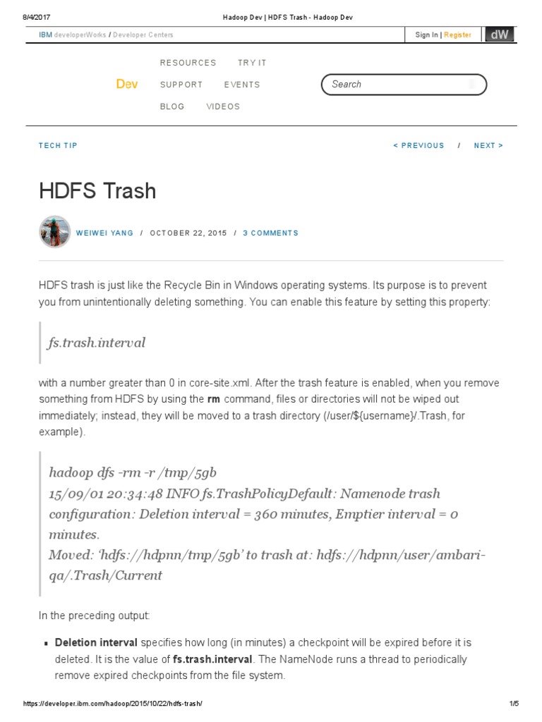 Hadoop Dev - HDFS Trash - Hadoop Dev | PDF | Apache Hadoop | Computer File Hadoop Dev - HDFS Trash - Hadoop Dev | PDF | Apache Hadoop | Computer File