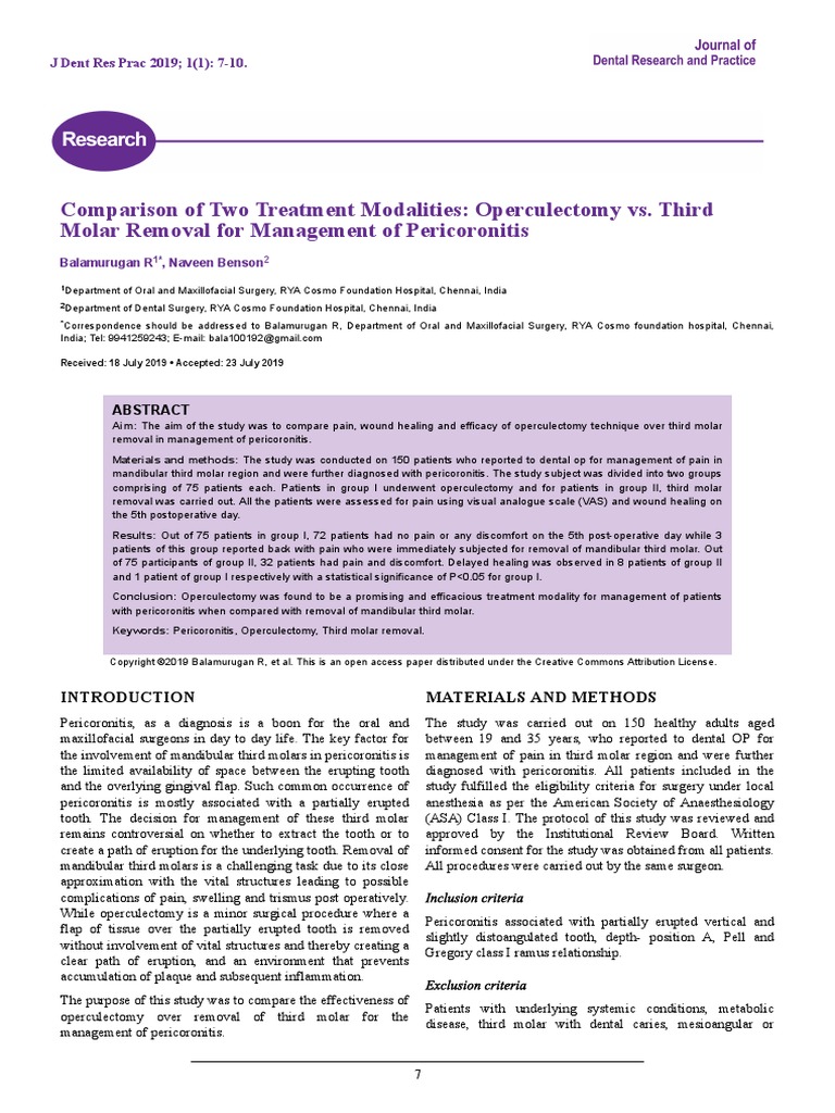 Comparison of Two Treatment Modalities Operculectomy Vs Thirdmolar ...