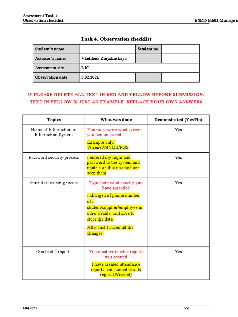 Task 4 - Observation checklist-MUST COMPLETE AND SUBMIT | PDF | Point ...