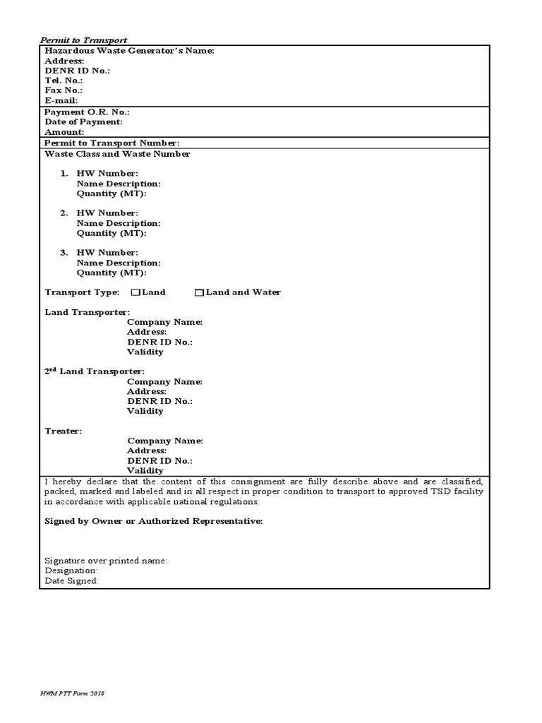 PTT-Form DENR Permit To Transport Hazardous Waste | PDF