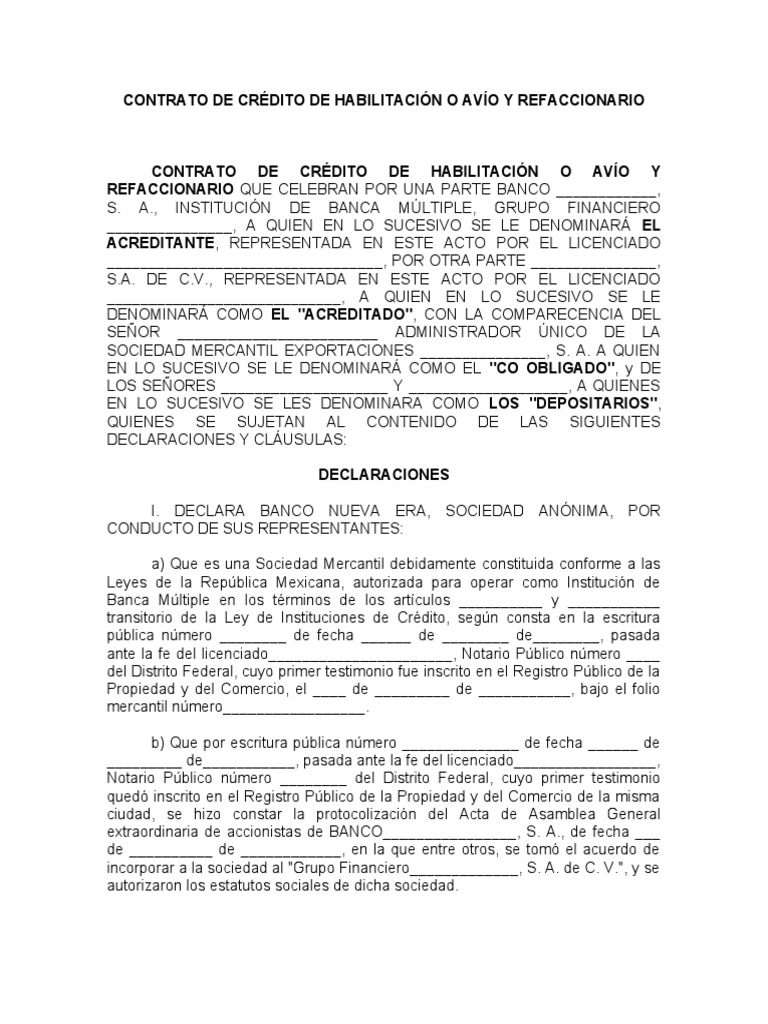 Contrato de Crédito de Habilitación o Avío y Refaccionario | PDF ...