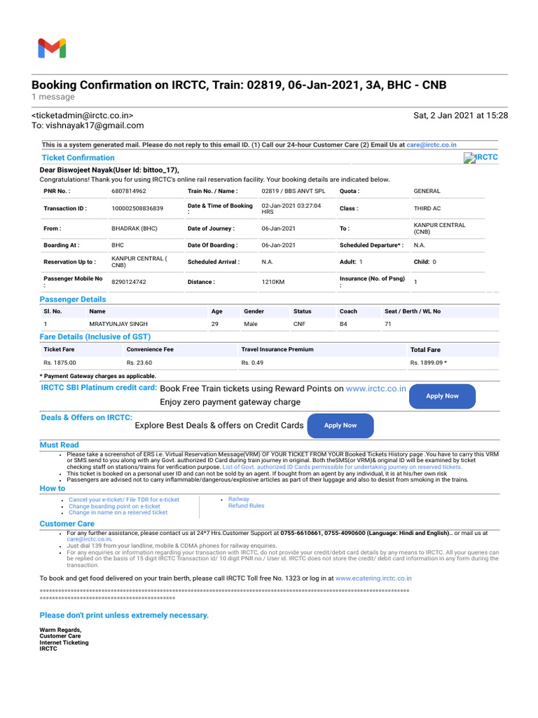 Gmail - Booking Confirmation On IRCTC, Train - 02819, 06-Jan-2021, 3A ...
