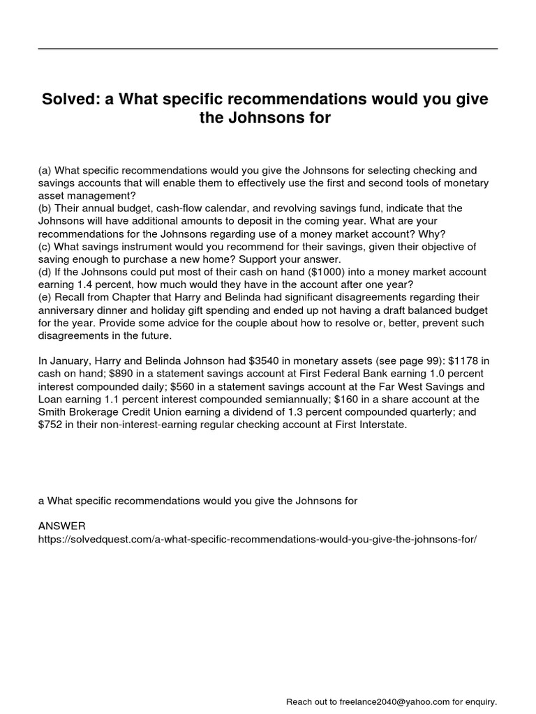 A What Specific Recommendations Would You Give The Johnsons For | PDF ...