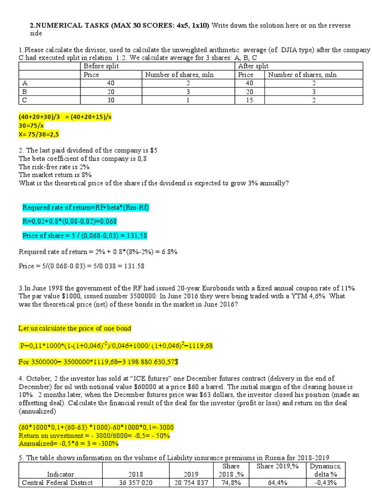 2.NUMERICAL TASKS (MAX 30 SCORES: 4x5, 1x10) Write Down The Solution ...