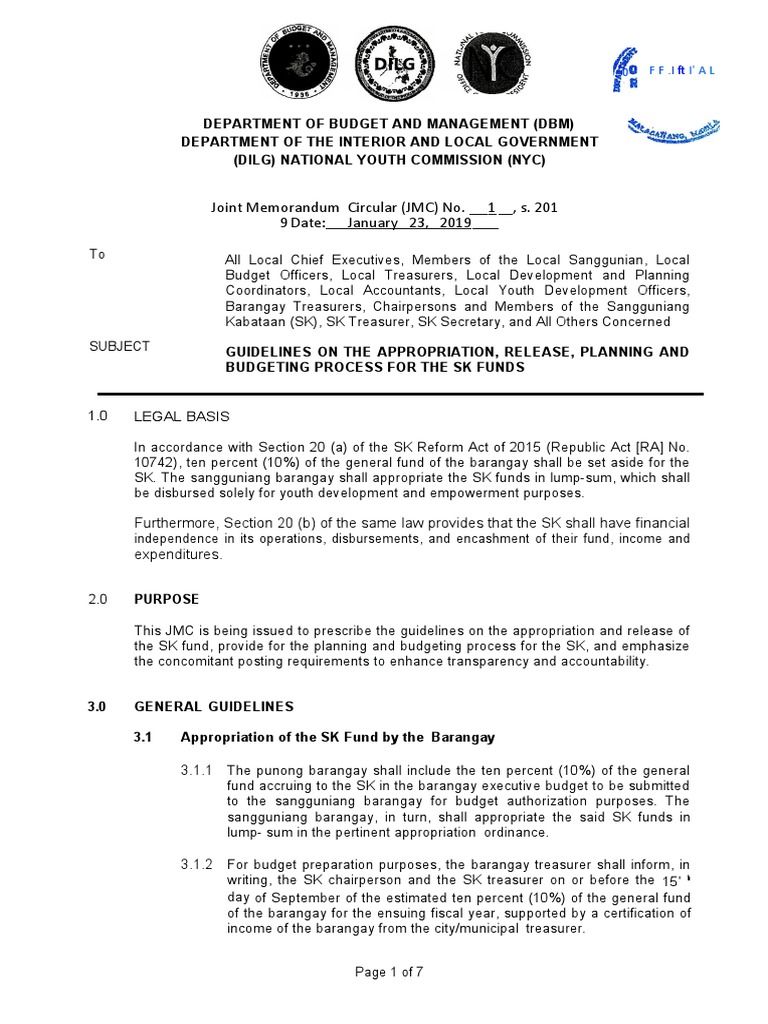 Joint Memorandum Circular (JMC) No. 1, S. 201 9 Date: January 23, 2019 ...