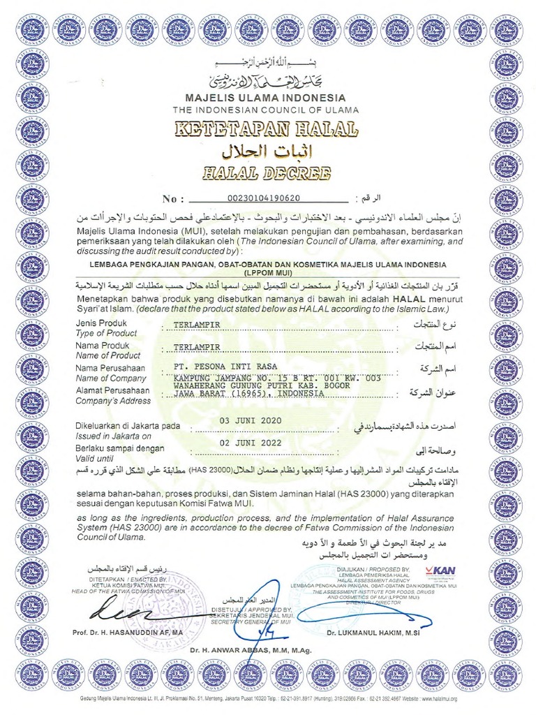 Ketetapan Halal (KH) PT Pesona Inti Rasa | PDF | Bisnis | Griya & Taman