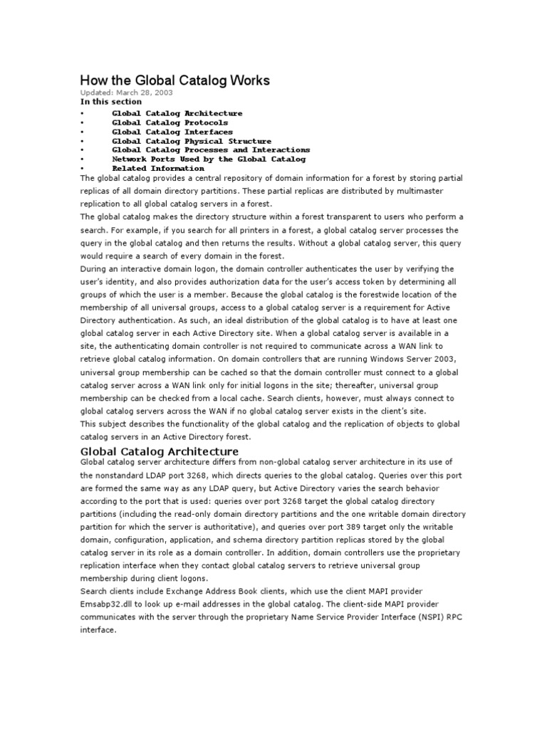 How The Global Catalog Works | PDF | Active Directory | Internet ...