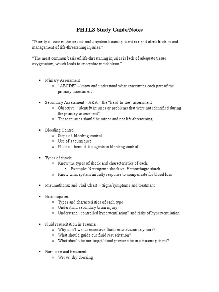 PHTLS Study Guide/Notes | PDF | Major Trauma | Shock (Circulatory)