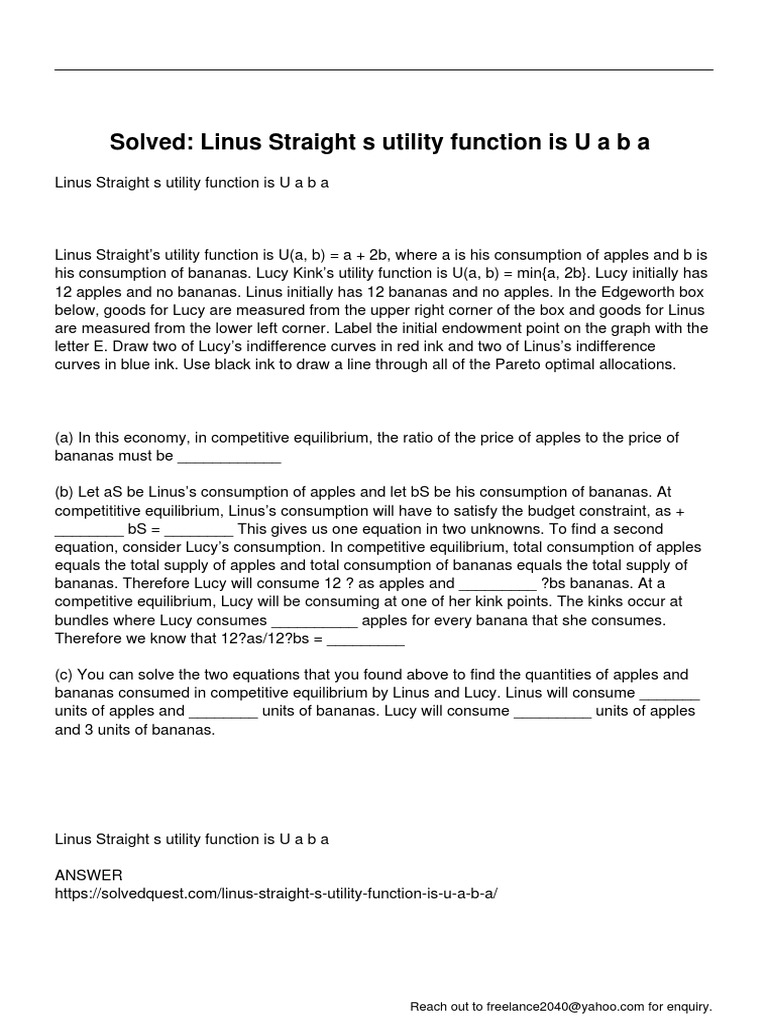 Linus Straight S Utility Function Is U A B A | PDF | Economic Theories ...