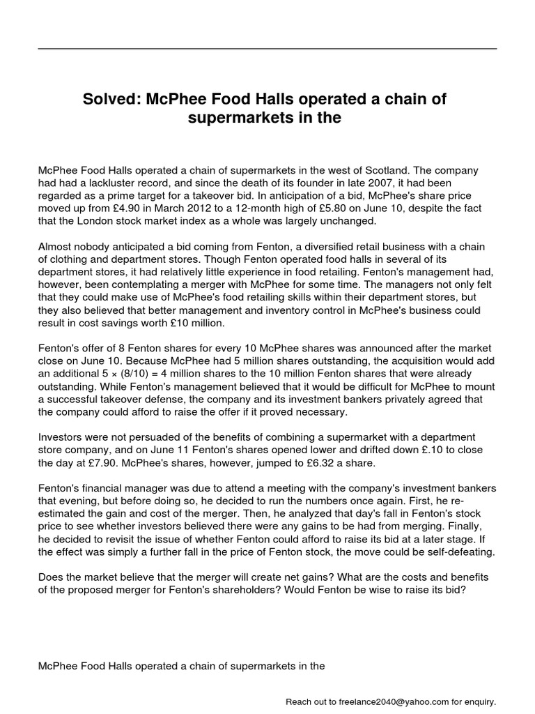Mcphee Food Halls Operated A Chain of Supermarkets in The | PDF | Takeover | Mergers And ...