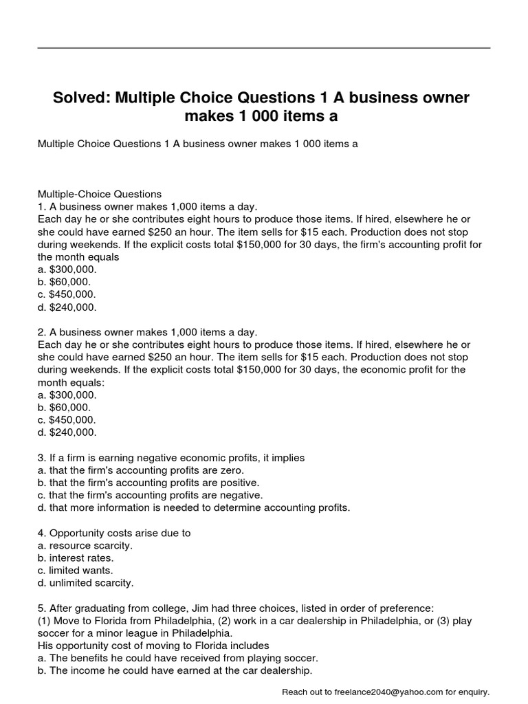 Multiple Choice Questions 1 A Business Owner Makes 1 000 Items A | PDF ...