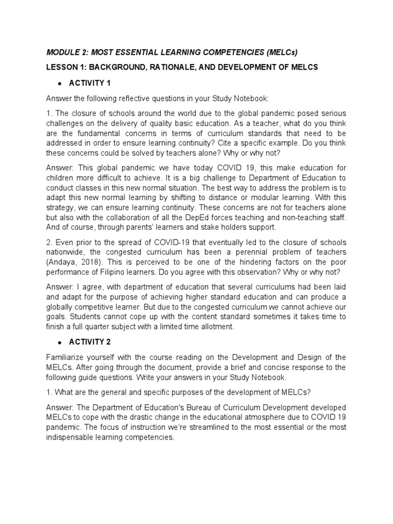 Lesson 1: Background, Rationale, and Development of Melcs: Module 2 ...