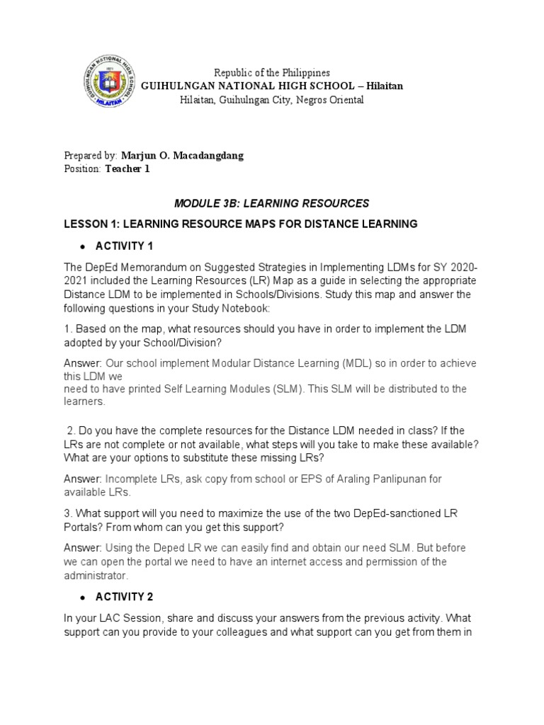 Guihulngan National High School - Hilaitan: Module 3B: Learning ...