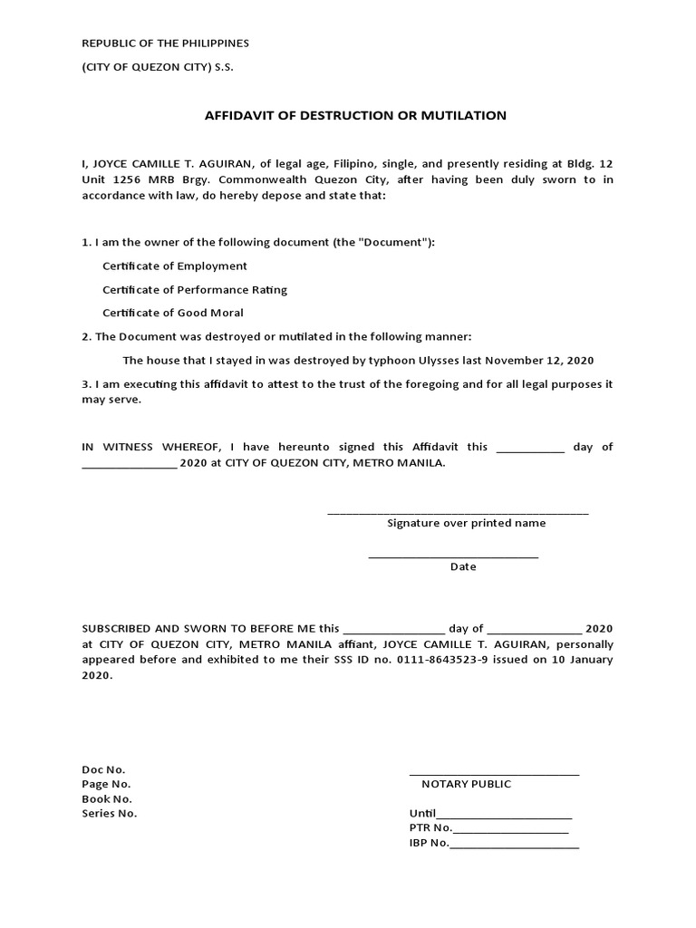 Affidavit of Destruction or Mutilation | PDF