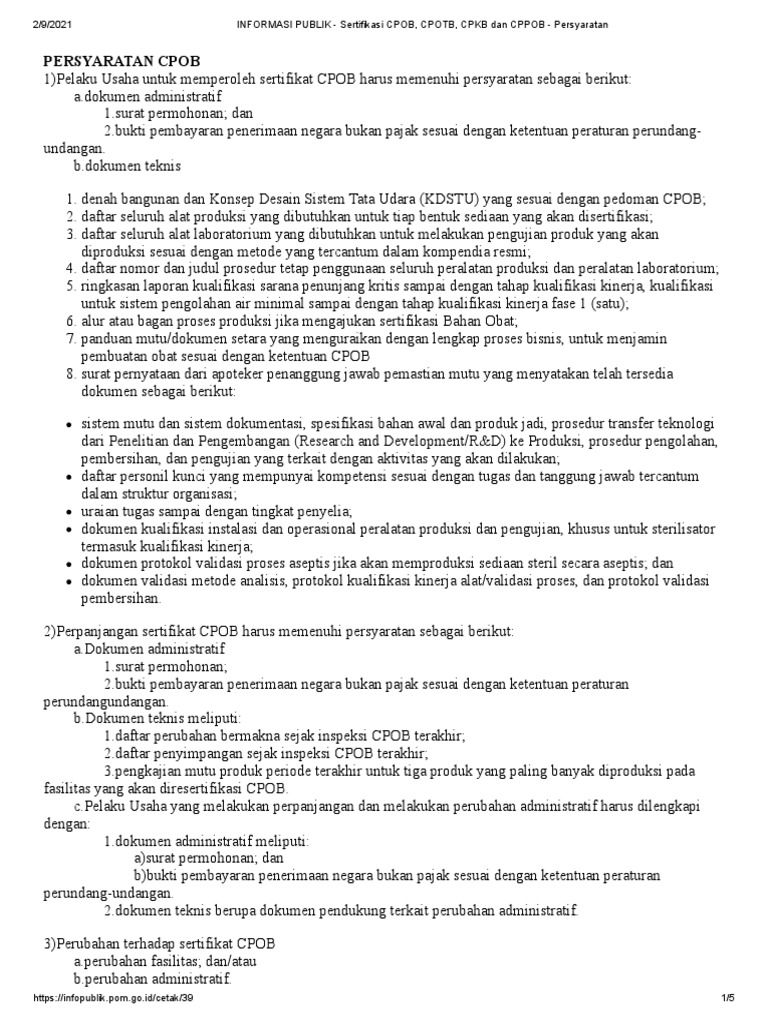Persyaratan Sertifikasi CPOB, CPOTB, CPKB Dan CPPOB | PDF