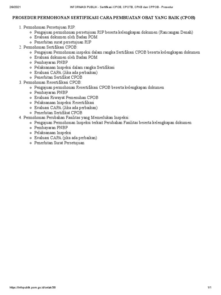 Prosedur Sertifikasi CPOB, CPOTB, CPKB Dan CPPOB | PDF