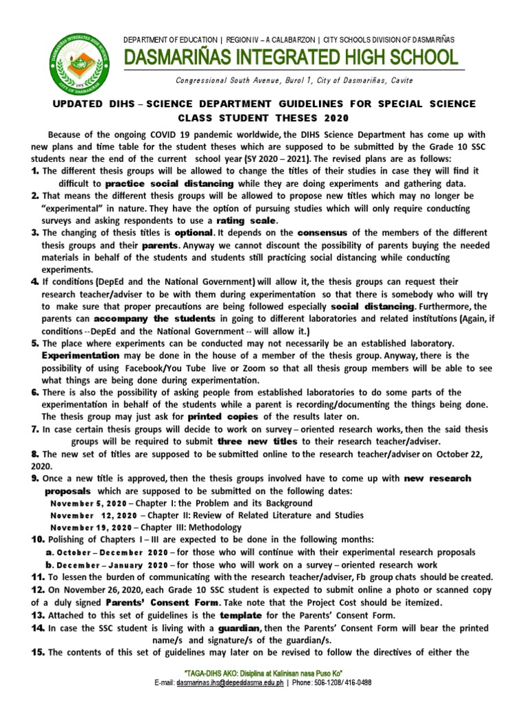 Thesis-Guidelines-And-Parents-Consent-Form-For-Thesis-2020 | PDF | Thesis | Experiment