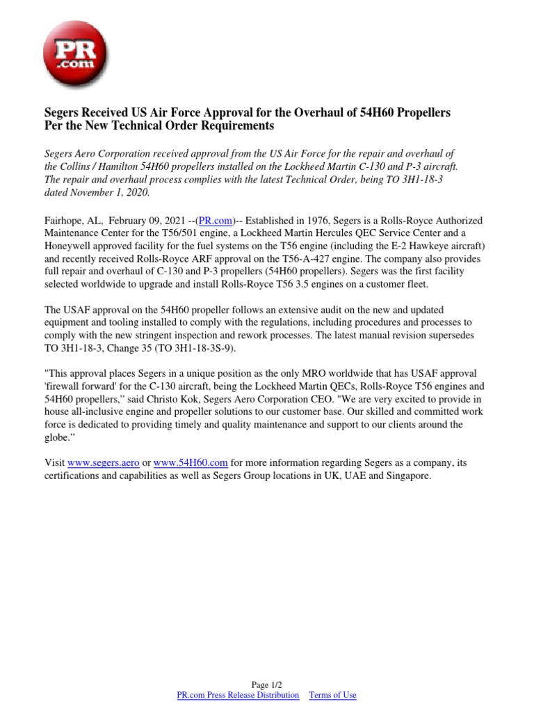 Segers Received US Air Force Approval For The Overhaul of 54H60 ...
