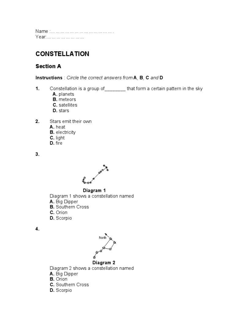 5th Grade Constellation Worksheet | PDF | Constellation | Stars