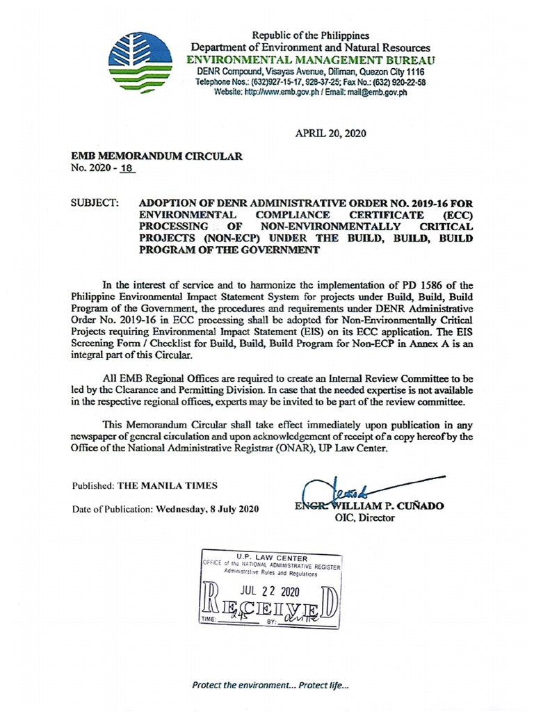 EMB MC 2020 18 Adoptation of DENR 2019 16 For ECC Processing of NON ECP ...