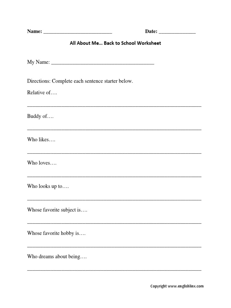 Name: - Date: - All About Me Back To School Worksheet | PDF