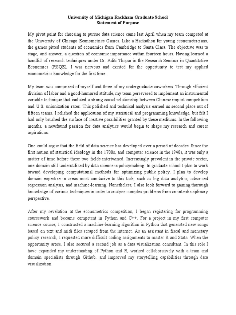 University of Michigan Rackham Graduate School Statement of Purpose ...