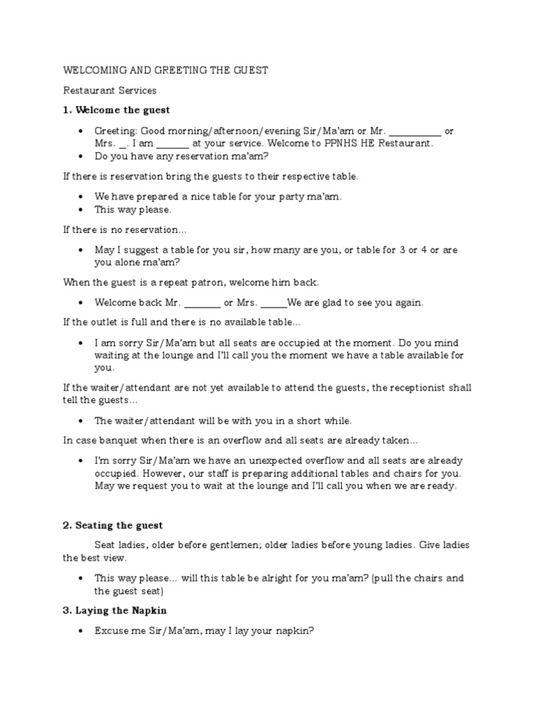 Guest Welcoming Procedures in Restaurants | PDF | Waiting Staff | Meal
