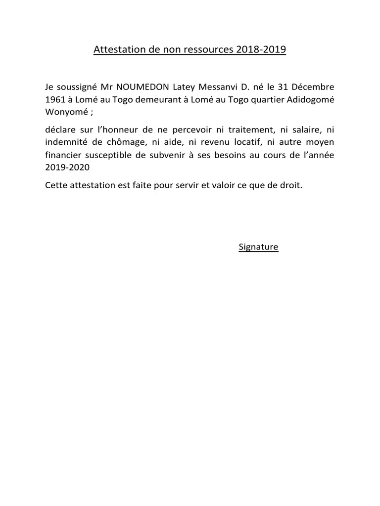 Attestation de Non Ressources 2018 | PDF