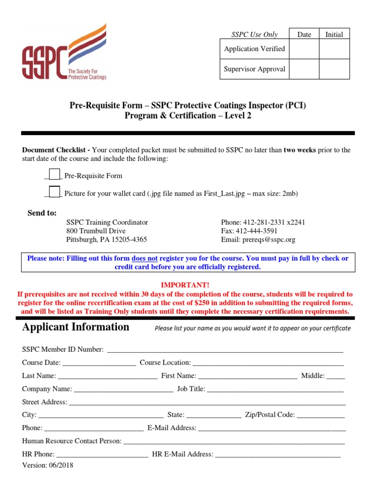 Pre-Requisite Form - SSPC Protective Coatings Inspector (PCI) Program ...