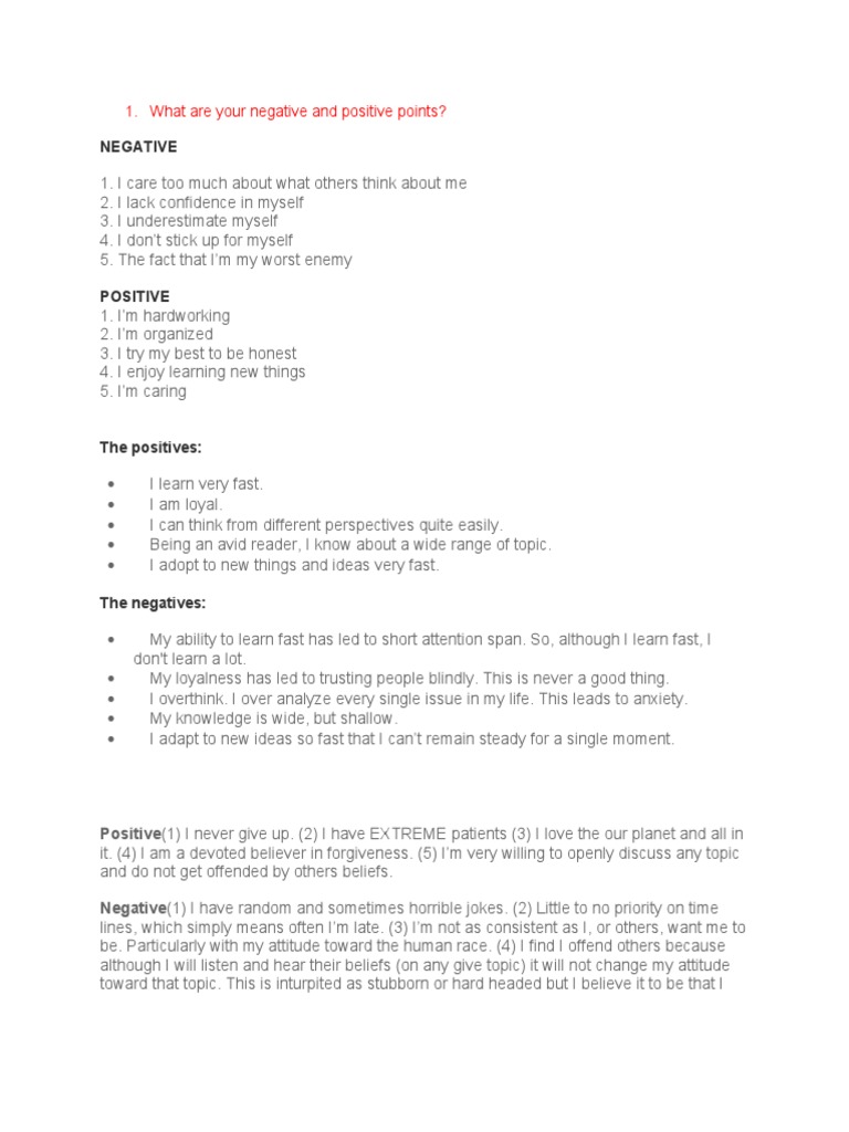 What Are Your Negative and Positive Points | PDF | Motivation ...