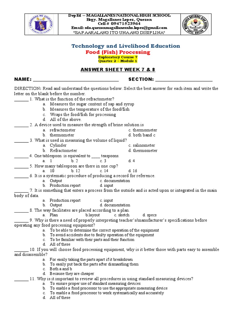 Tle 7 Answer Sheet 7 & 8 | PDF