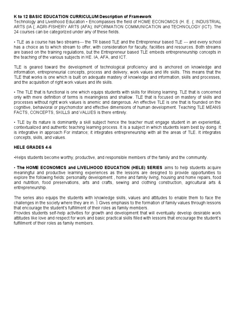 K To 12 Basic Education Curriculum Description of Framework | Download ...