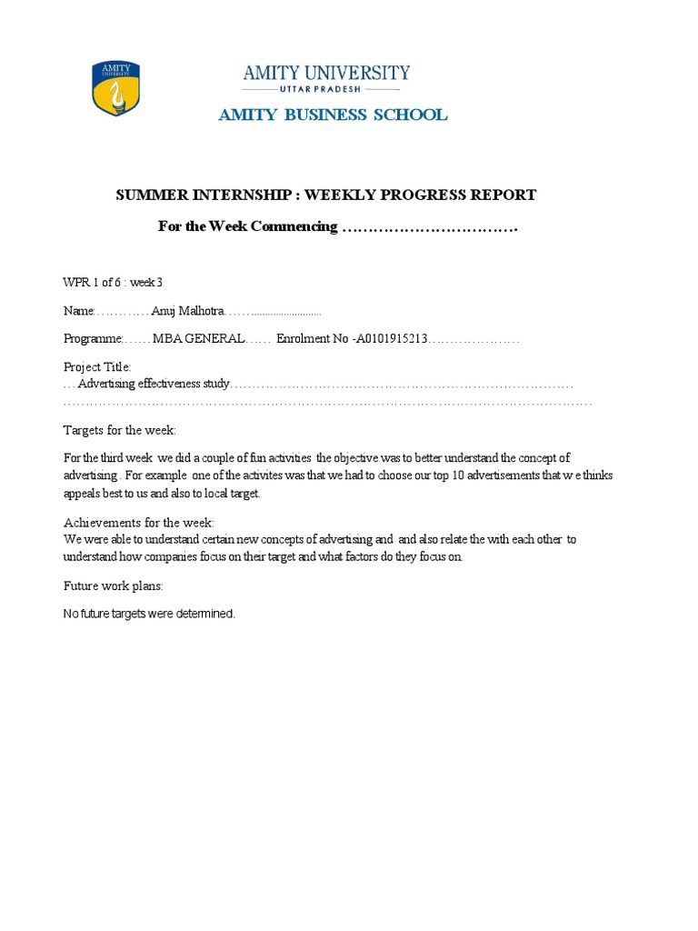 Amity Business School: Summer Internship: Weekly Progress Report For ...
