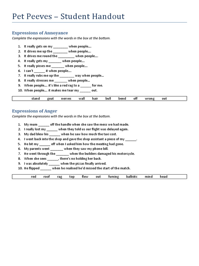 Student Handout on Pet Peeves | PDF | Language Arts & Discipline