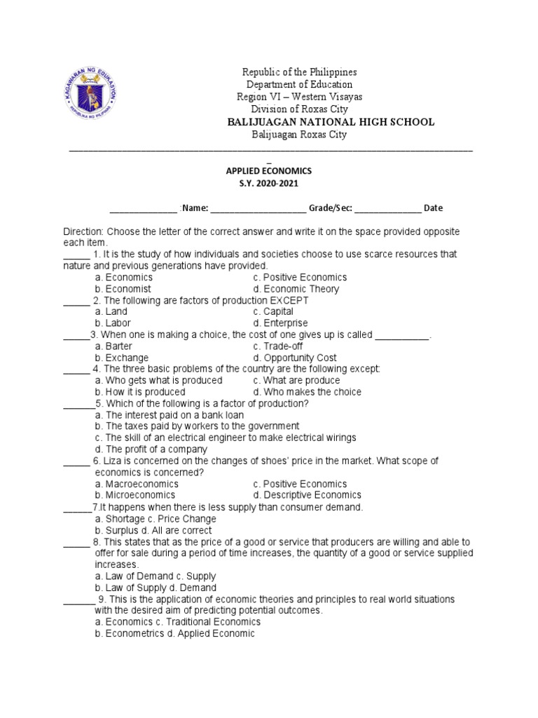 APPLIED ECONOMICS Worksheet | PDF | Factors Of Production | Microeconomics