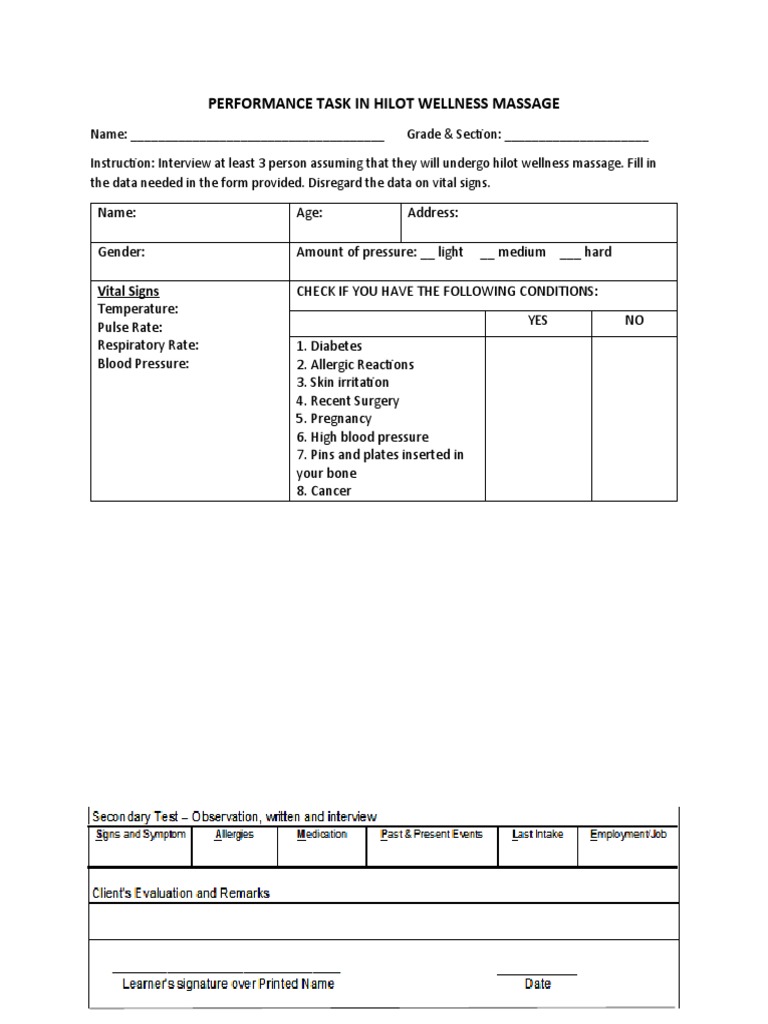 Performance Task in Hilot Wellness Massage: Vital Signs | PDF