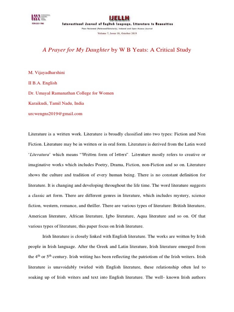 Yeats' "A Prayer for My Daughter" Analysis | PDF | W. B. Yeats | Irish ...