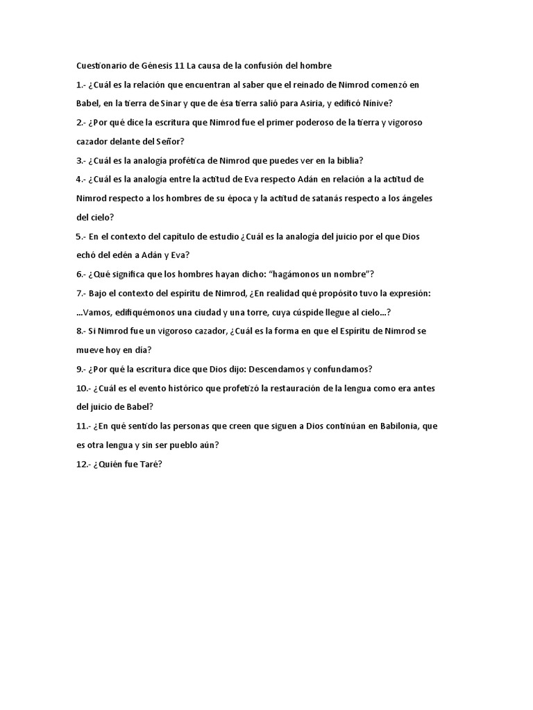 Cuestionario de Génesis 11 La Causa de La Confusión Del Hombre | PDF